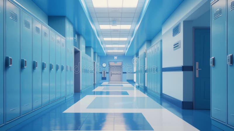 Bright Blue School Hallway Generative AI Stock Image - Image of doors ...