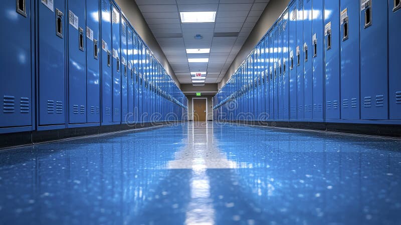 Bright Blue School Lockers in a Long Hallway View Stock Illustration ...