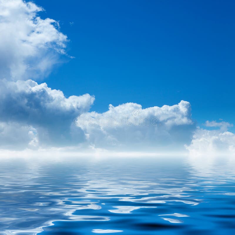 Bright Blue Sky with Clear White Clouds. Ocean with Sky Reflection ...