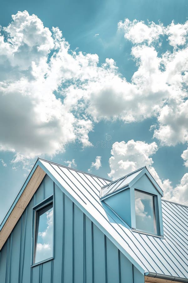 Bright Blue Sky with Clouds Above a Stylish Rooftop with Gable Windows ...