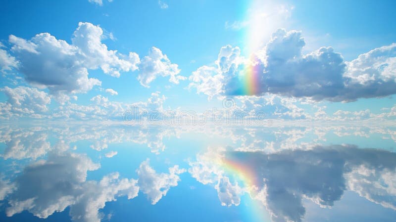 Bright Blue Sky with Fluffy Clouds Reflected in Calm Water, Rainbow ...