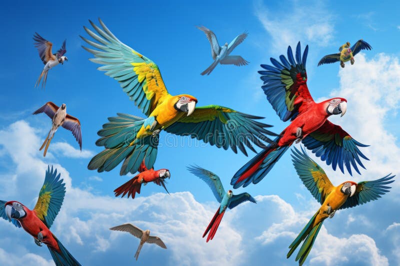 Bright Blue Sky with Flying Parrots Stock Image - Image of freedom ...