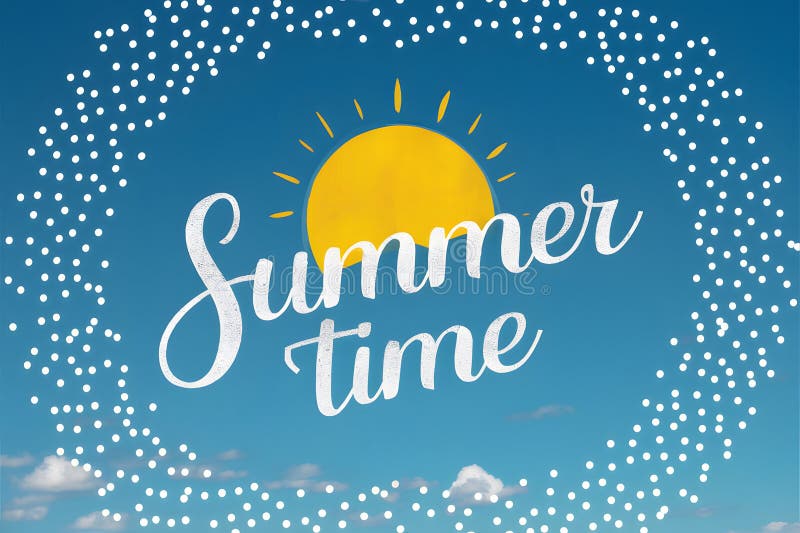 Bright Blue Sky and Sun with Summer Time Text, White Dots, Cheerful ...