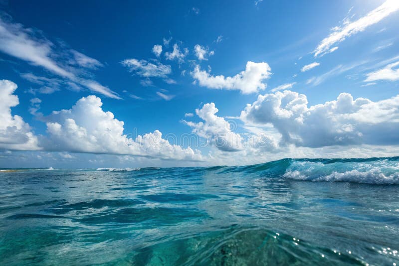 Bright Blue Sky with White Clouds and Soft Ocean Waves on a Deep Blue ...