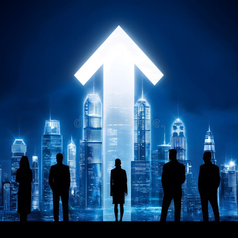 Bright Blue Skyscrapers, Arrow Emitting Light, Silhouetted Figures ...