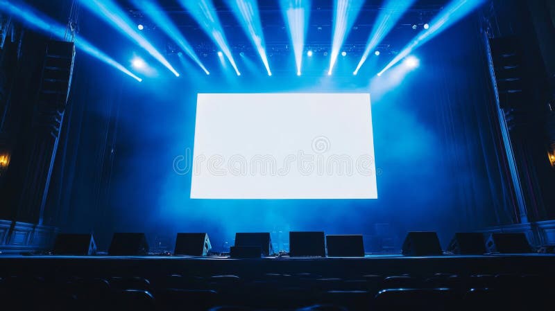 Bright Blue Stage Lighting with Blank White Screen Stock Illustration ...
