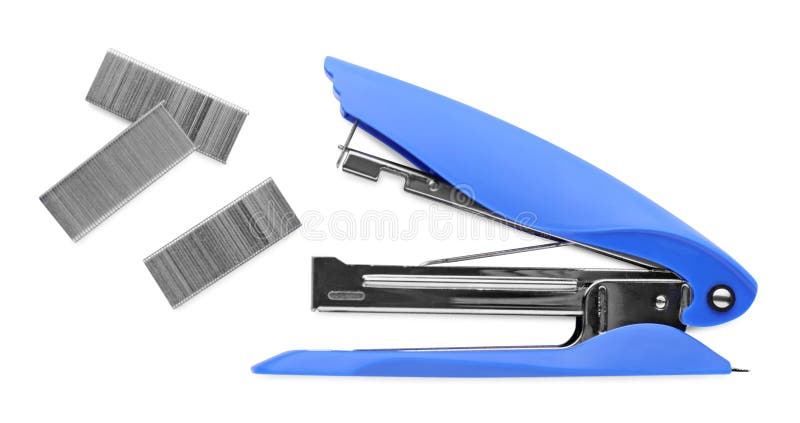 Bright Blue Stapler with Staples Isolated on White, Top View Stock ...