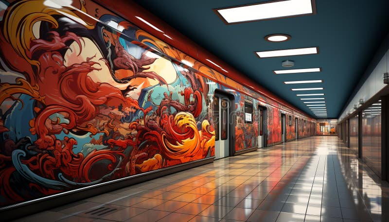 Bright Blue Subway Train Speeds through Futuristic Underground Corridor ...