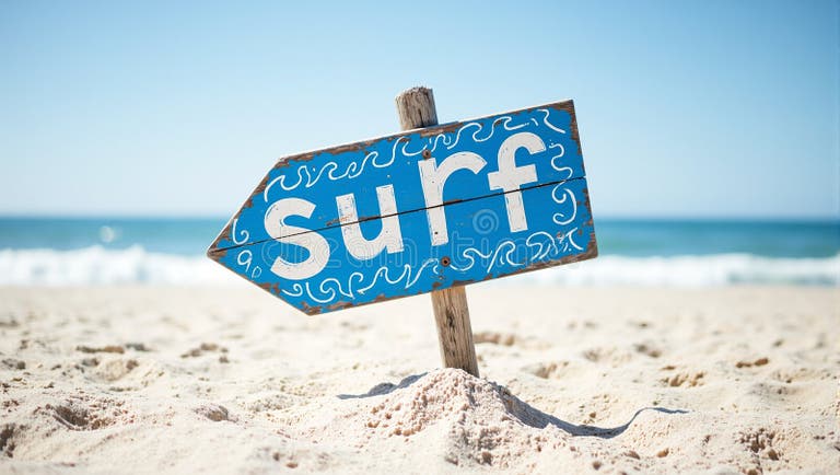 Bright Blue Surf Sign in Sand with Wave Patterns Tilted by Breeze Stock ...