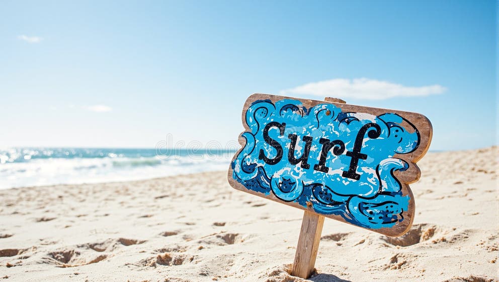 Bright Blue Surf Sign in Sand with Wave Patterns Tilted by Breeze Stock ...