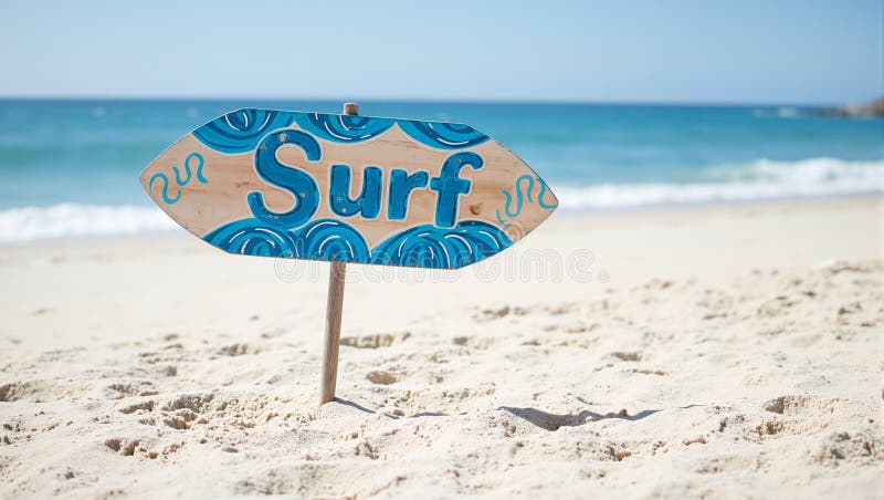 Bright Blue Surf Sign in Sand with Wave Patterns Tilted by Breeze Stock ...