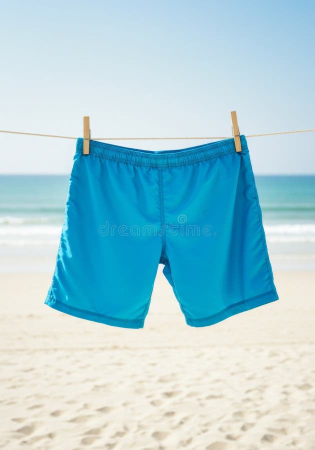 Bright Blue Swim Trunks Drying on Clothesline at Beach Stock ...