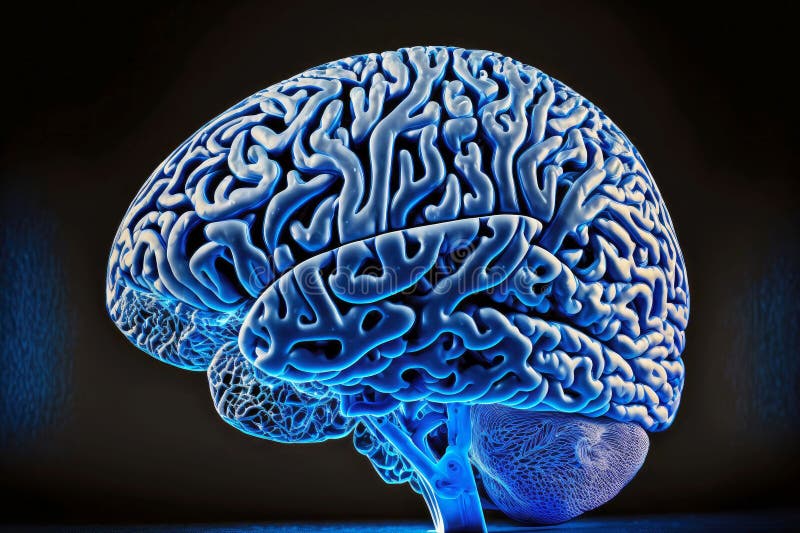 Bright Blue Three-dimensional Model of Human Brain on Black Background ...