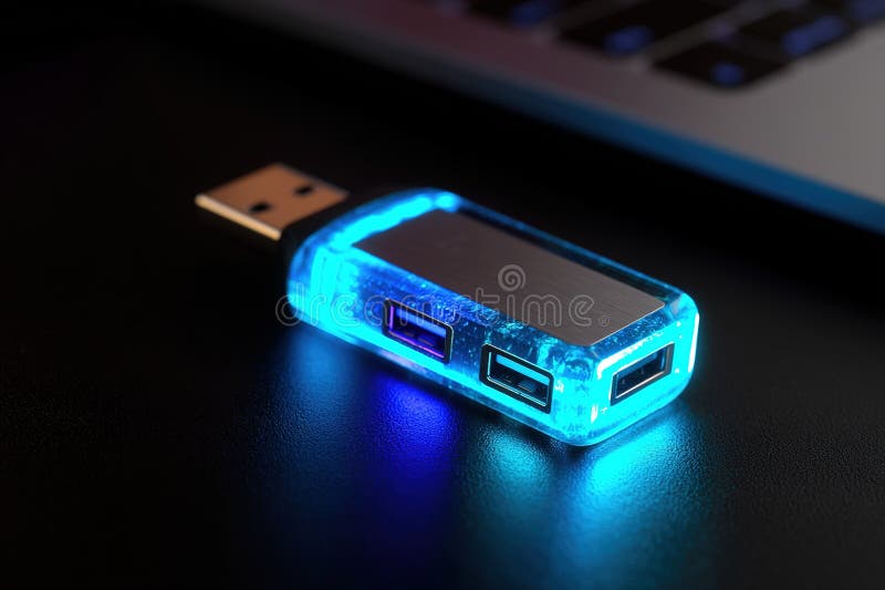 Bright Blue USB Hub Connected To a Laptop on a Dark Surface during ...