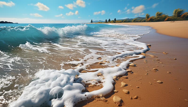 Bright Blue Water Splashing on Sandy Coastline, a Tranquil Seascape ...