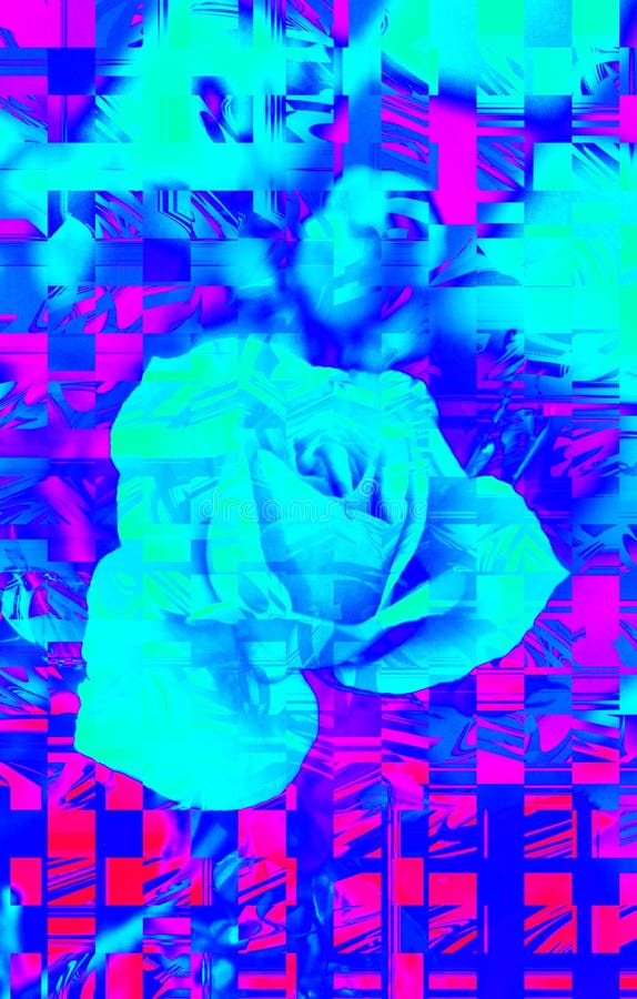 Bright Blues and Pink Block Pattern with a Single Rose Stock ...