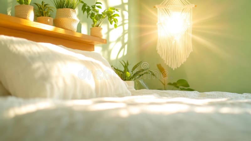 Bright Boho Bedroom with Sunlit Greenery and Macrame Wall Decor Stock ...