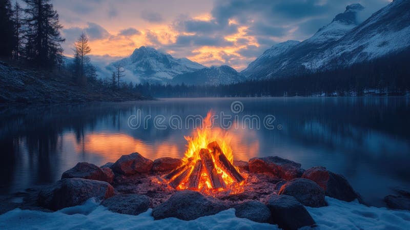 Bright Bonfire Burning in a Fire Pit at Sunset in the Woods Stock ...