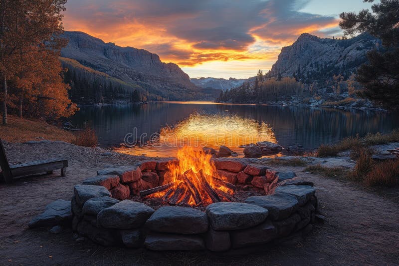 Bright Bonfire Burning in a Fire Pit at Sunset in the Woods Stock ...