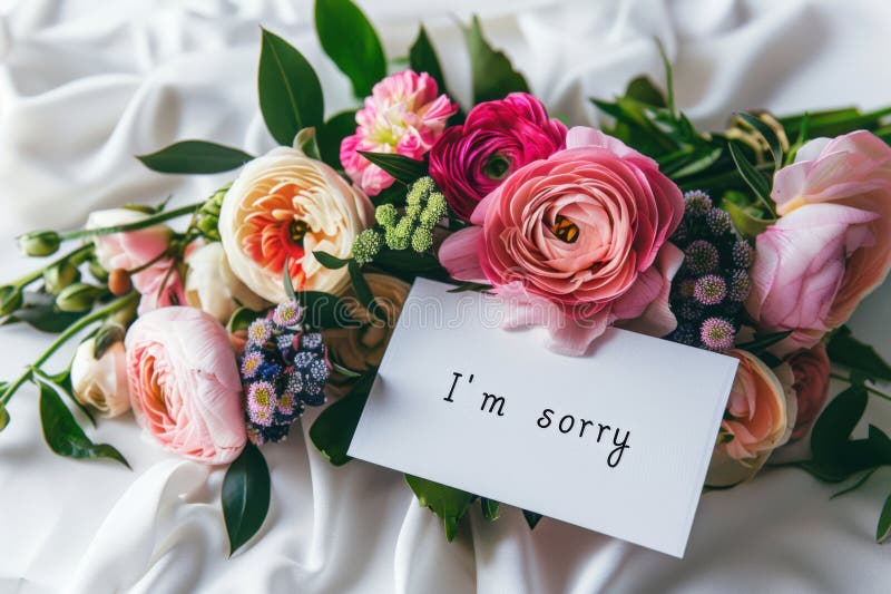 Bright Bouquet of Flowers with White Card. Text on Card "I M Sorry ...