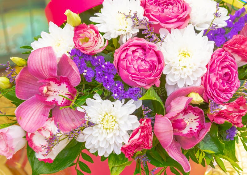Bright Bouquet of Pink Roses and Orchids Stock Image - Image of bouquet ...