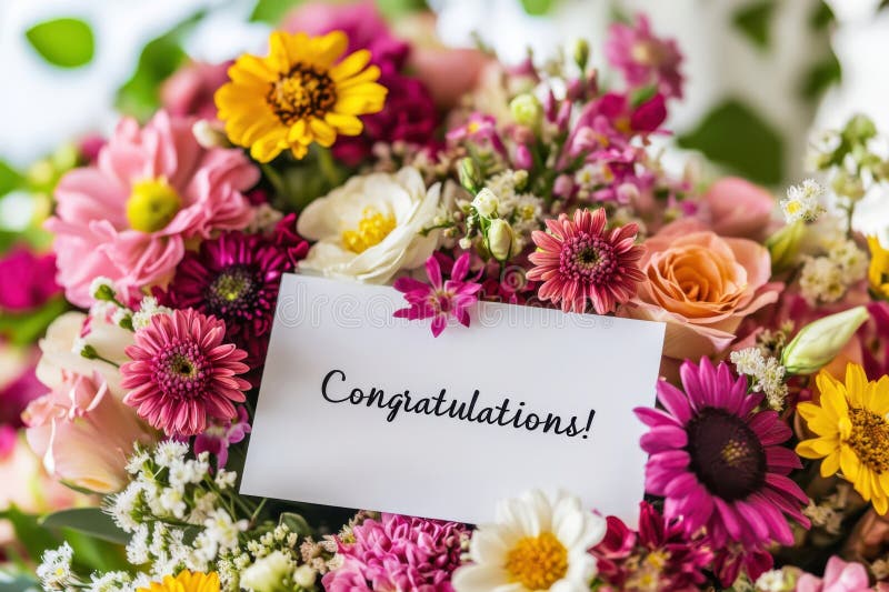 Bright Bouquet of Spring Flowers with White Card, Text on Card ...