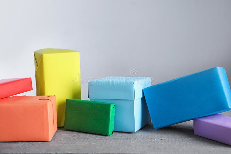 Bright Boxes on Table. Rainbow Colors Stock Image - Image of presents ...