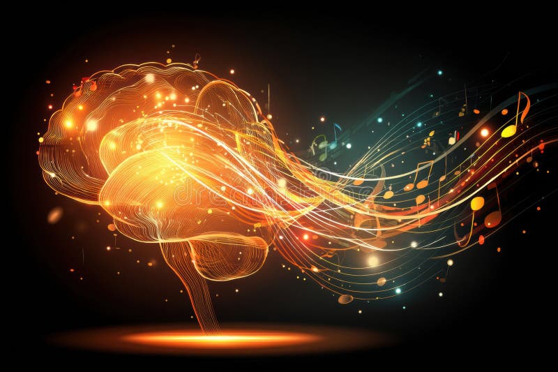 Happy Brain Icon Emanating Vibrant Light and Music Notes in a Joyful ...
