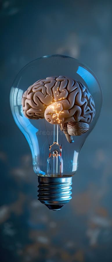 Bright Brain Motif Inside a Clear Light Bulb 3D Effect on Soft Indigo Hue Reflecting ...