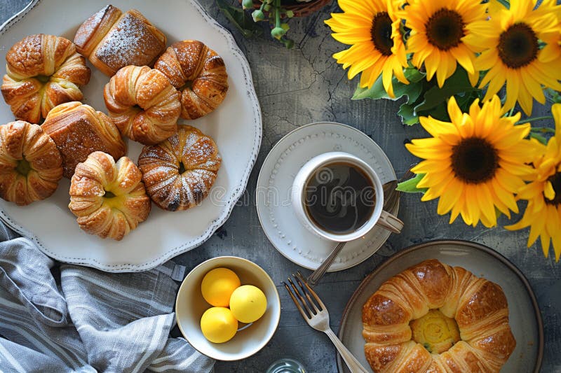 Bright Breakfast Setup with Pastries and Coffee Stock Photo - Image of ...
