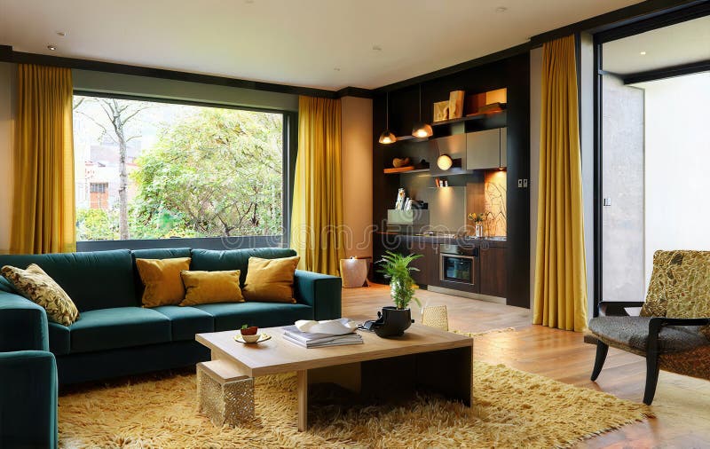 Bright and Brown Living Room with Lush Green Views Stock Image - Image ...
