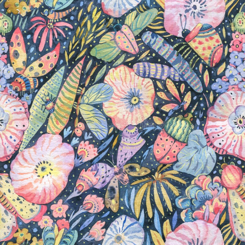 Bright Bug Doodles Seamless Pattern, Watercolor Beetles with Floral ...