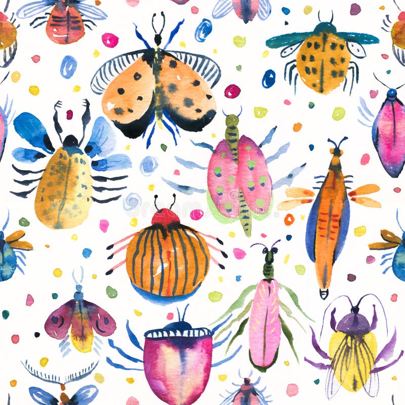 Bright Bug Doodles Seamless Pattern, Watercolor Beetles with Floral ...
