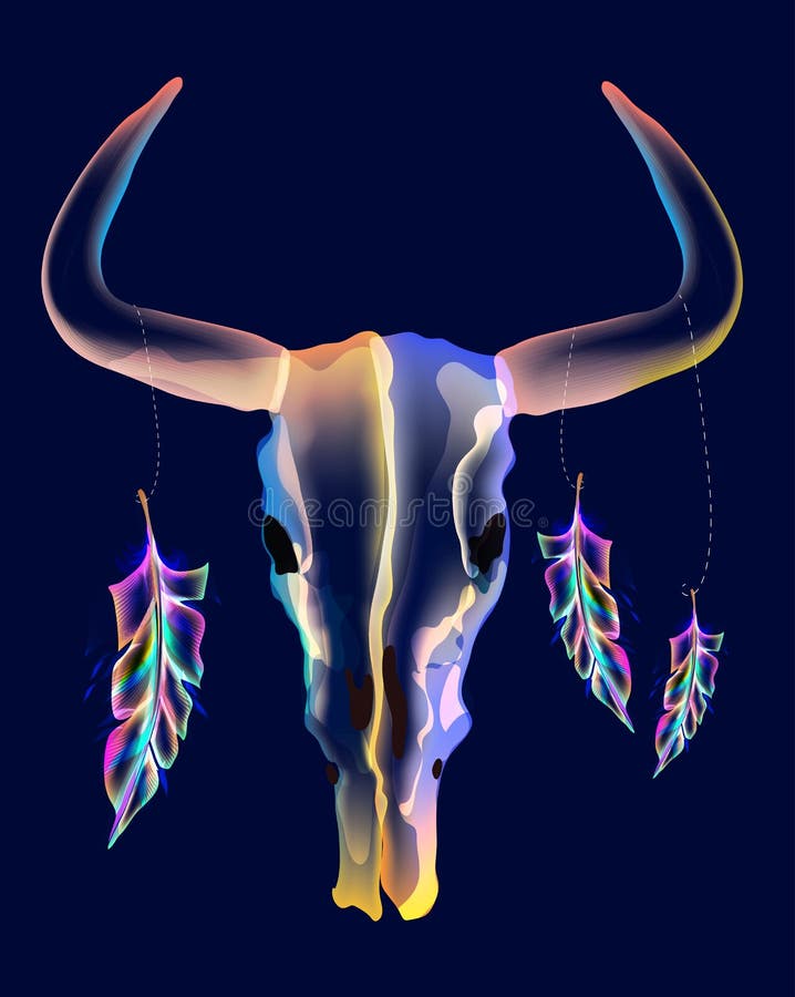 Bright Bull Skull with Feathers Over Dark Stock Vector - Illustration ...