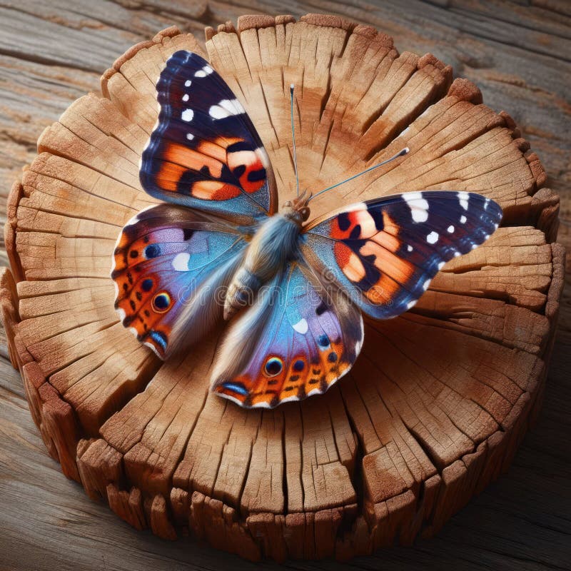 A Bright Butterfly Sits on a Wooden Cut in the Form of a Tree Trunk ...