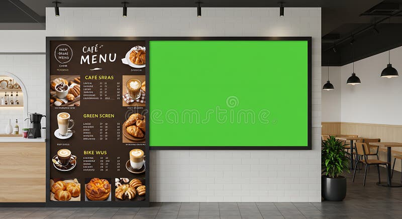 Cafe Interior with Menu Board and Green Screen Advertising Mockup Stock ...