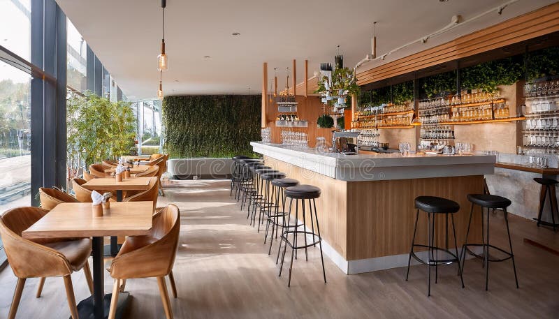 Bright Cafe Interior with Bar Island and Dining Table with Chairs in ...