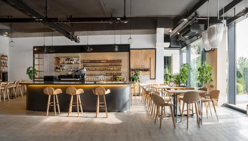 Bright Cafe Interior with Bar Island and Dining Table with Chairs in ...