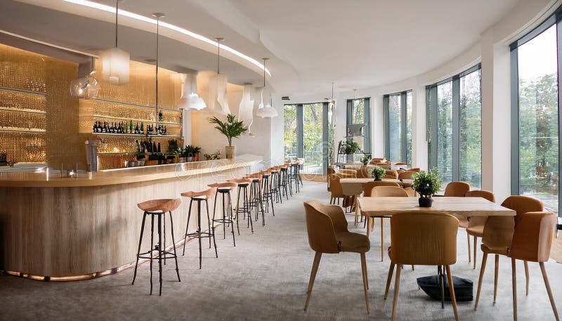 Bright Cafe Interior with Bar Island and Dining Table with Chairs in ...