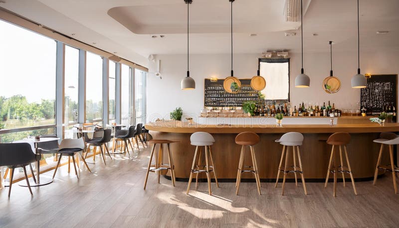 Bright Cafe Interior with Bar Island and Dining Table with Chairs in ...