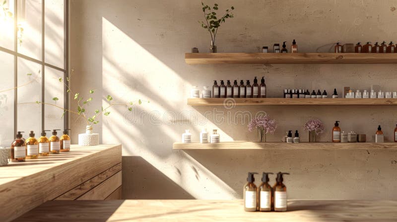 Bright and Calming Spa Interior Featuring Wooden Shelves Lined with an ...