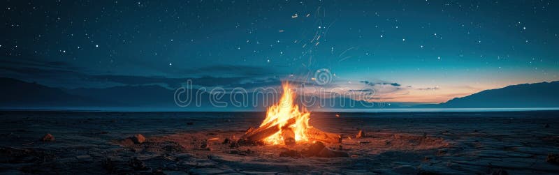 Bright Campfire Burning in the Dark Desert Under a Starry Sky, Casting ...