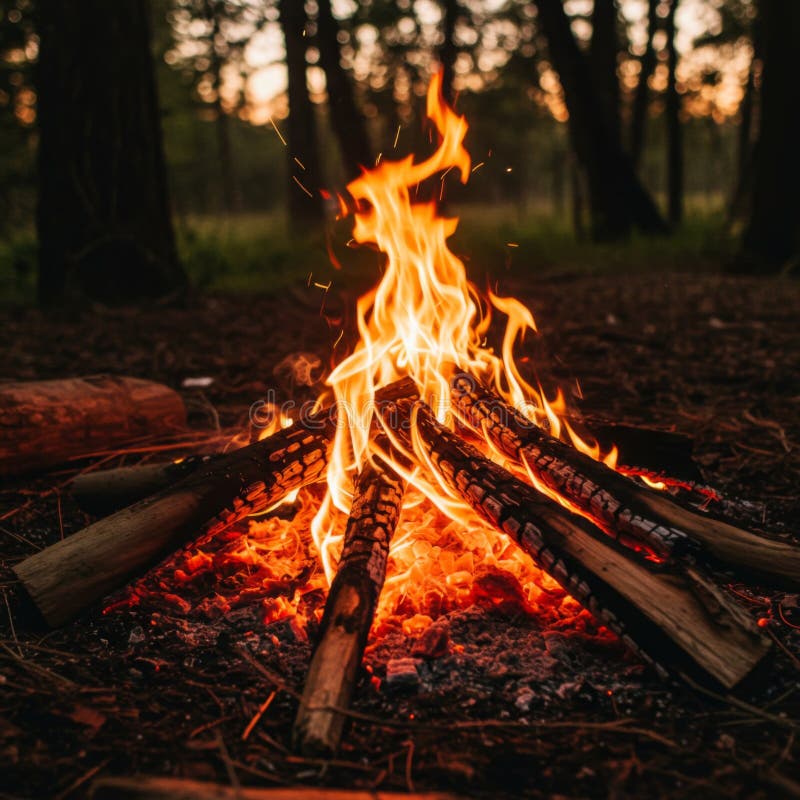 Bright Campfire Burning in Dark Forest at Night Stock Illustration ...