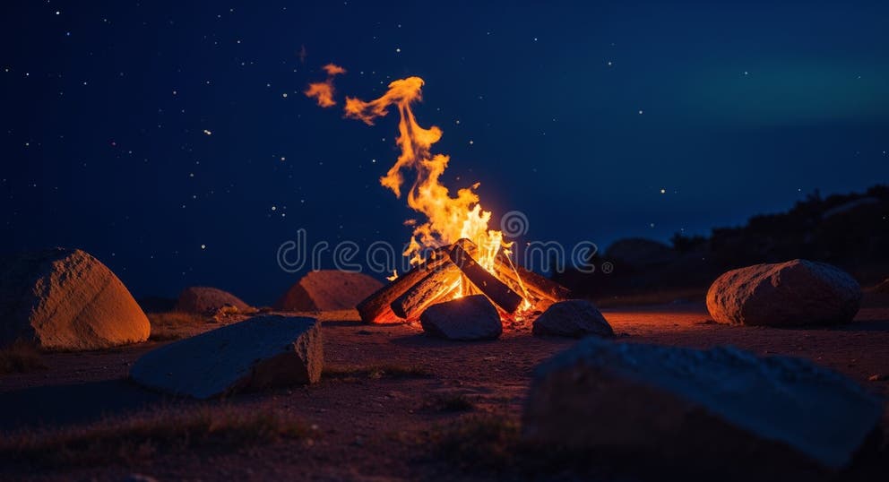 Bright Campfire Burning with Large Rocks at Night Stock Photo - Image ...
