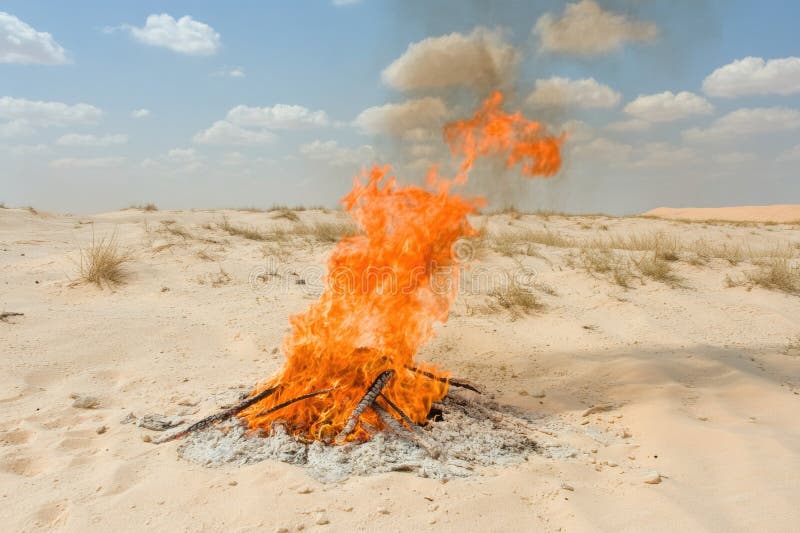 Bright Campfire Burning in Sandy Desert Landscape with Cloudy Sky Stock ...