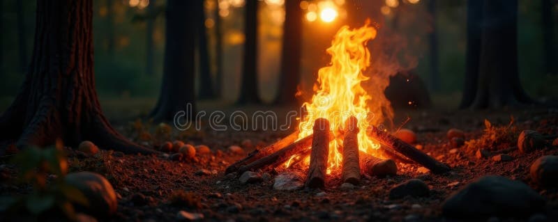 Bright Campfire Casts Dancing Shadows on Trees, Crackling Sounds , Low ...