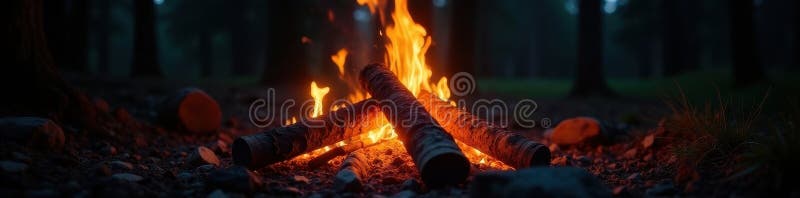 Bright Campfire Flames, Logs Burning, Dark Night, Scene, Outdoor Stock ...