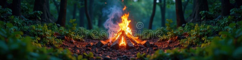 Bright Campfire Surrounded by Lush Green Forest, Atmosphere, Shadow ...