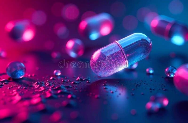 A Bright Capsule Surrounded by Sparkling Droplets Glows Neon Against a ...