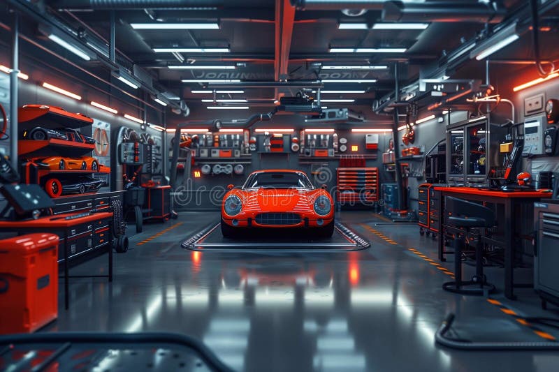 A Bright Car Workshop Features a Classic Sports Car Amid Tools and ...
